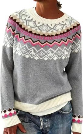 Generic Pull Norv&eacute;gien Femme dhiver Chaud Chic Et &Eacute;l&eacute;gant Pullover Tricot&eacute; Col Rond &Agrave; Manches Longues Sweater Tops Motif Jacquard Hauts Oversize Ample Confort