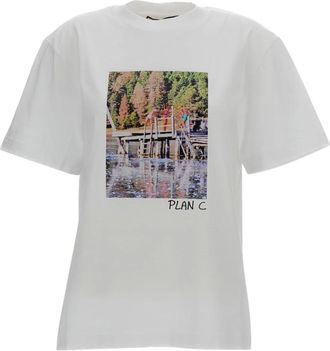 Plan C Plan C, Femme, Tops, Blanc, Taille: 36 FR T-Shirt en coton avec imprim&eacute;
