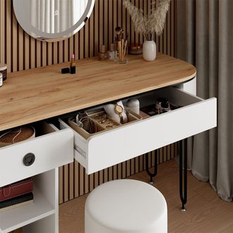 Vicco Schminktisch Weiß/Naturholz Mia 120x77x55 cm - Frisiertisch, Viel Stauraum - Schubladen & Ablagen halten Daily-Essentials ordentlich Sortiert