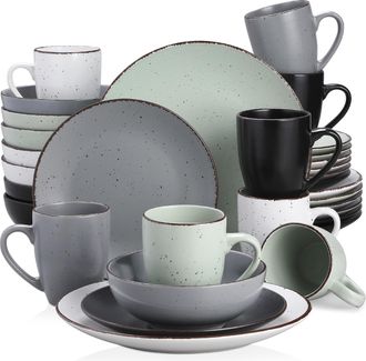 VANCASSO Tafelservice Steingut, vancasso MODA Geschirrset, Vintage Aussehen, 32-teiliges Kombiservice mit je 8 Speisetellern, Kuchentellern, Schalen und Tassen