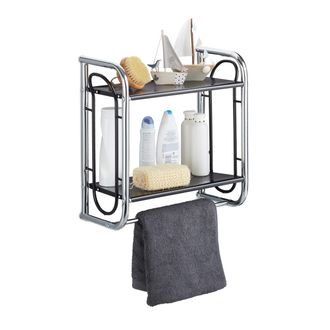 Relaxdays Wandregal Badezimmer, Badregal mit Handtuchstange, H&auml;ngeregal mit 2 Ablagen, HBT 45,5x46x22 cm, Chrom/schwarz