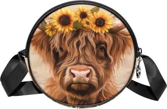 Generic Sac &agrave; bandouli&egrave;re rond pour femme, motif vache et tournesols avec fermeture &eacute;clair et bretelles r&eacute;glables