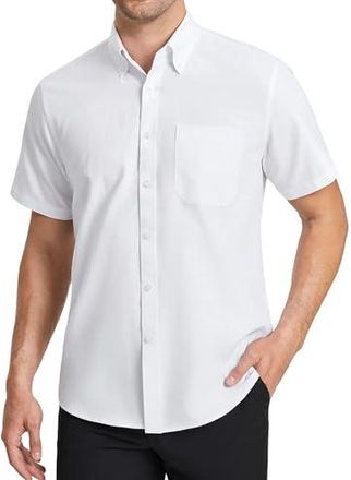 Hisdern Chemise Oxford À Manches Courtes Homme Blanche Classique Coupe Régulière Chemisette Manch Courte Uni pour Homme avec Poche, 2XL