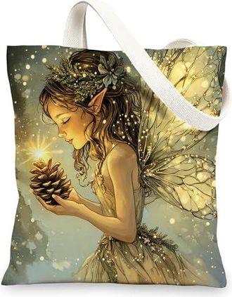 Generic Sac fourre-tout en toile avec pommes de pin de No&euml;l pour faire du shopping, 33 x 38,1 cm, motif f&eacute;e de No&euml;l, sac d&eacute;picerie r&eacute;utilisable, sac &agrave; bandoul