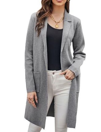 Grace Karin Pull Manteau Chaud Mi-Long Hiver Chaud Vintage Gilet Long Ouvert Col &agrave; Revers avec Poche Gris -4 XL