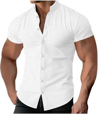 Generic Chemise en lin pour homme respirante unie boutonn&eacute;e &agrave; col montant intelligente classique l&eacute;g&egrave;re confortable d&eacute;contract&eacute;e &agrave; manches courtes pour l&eacute;t&eacute; e