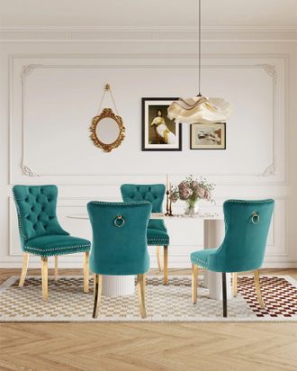 Generic Samtgepolstertes, Getuftetes Esszimmerstuhl-Set Mit Nagelkopfbesatz Und Beinen Aus Massivholz - Beige (für Esszimmer, Küche, Restaurant)(Green-Gold Le