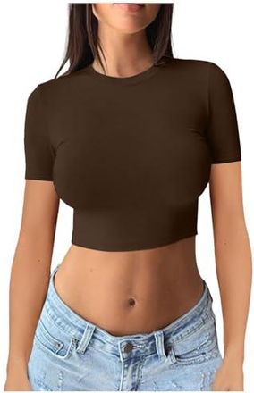 Generic Haut court d&eacute;t&eacute; &agrave; col rond pour femme - Joli t-shirt court athl&eacute;tique ample tendance &agrave; manches longues - Coupe ample - Couleur unie - Mignon - Tendanc