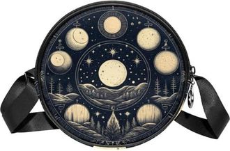 Generic Sac &agrave; bandouli&egrave;re rond pour femme, sac &agrave; bandouli&egrave;re r&eacute;tro avec signe du zodiaque avec fermeture &eacute;clair, bretelles r&eacute;glables, sac &agrave; main rond d&eacute;contra