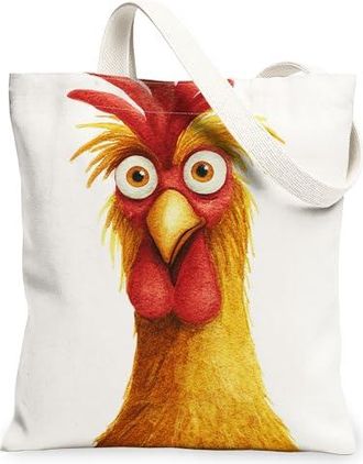 Generic Sacs fourre-tout en toile motif poulet ludique, sacs d&eacute;picerie r&eacute;utilisables, l&eacute;gers et lavables avec bandouli&egrave;re, blanc, 13x15 Inch