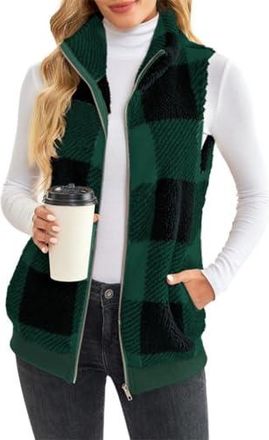 EUDOLAH Damens Fleece Weste mit Reißverschluss im Karo-Muster Warme Steppweste mit Stehkragen in Langer Weiter Passform für Winter und Freizeit(XL,Vert foncé)