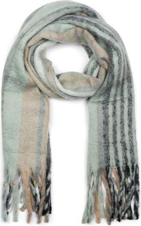 styleBREAKER Femme &eacute;charpe en maille avec motif &agrave; rayures et longues franges &eacute;paisses, chaude &eacute;charpe dhiver multicolore 01017157, couleur:Vert tilleul-noir-beige