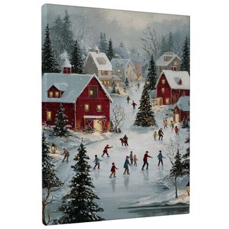 Generic Kunstdruck auf Leinwand, Motiv: Winterdorf, rot/gr&uuml;n, verschneite Landschaft, Urlaubsdekoration f&uuml;r Wohnzimmer, Schlafzimmer, B&uuml;ro, gewickelte Leinwan