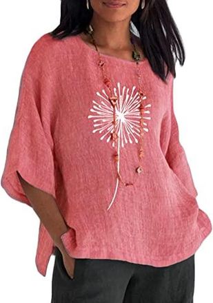 TOMWELL Chemisier Femme T-Shirts Manche 3/4 Chemise Lin Chic Simple Haut Ample Tops Printemps Eté Imprimé Vintage T-Shirt Tunique Col Rond Blouse Tops Grande 