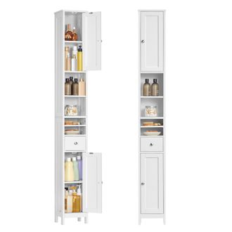 Vasagle Badezimmerschrank, Badschrank, hoch, schmaler Aufbewahrungsschrank, mit verstellbaren Ablagen, Schublade, offenen F&auml;chern, f&uuml;r kleine R&auml;ume, modern, w