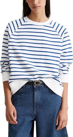 Marc O'Polo Denim Damen Sweatshirt aus Bio-Baumwolle gestreift, Blau (Medium Blue Multi 01), XL