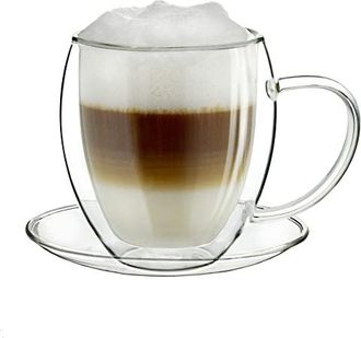 Creano Verres à double Paroi XXL avec Soucoupe, Extra Grand Verre Résistant à la Chaleur en Verre de Borosilicate, isotherme, Tasse à Café/de Thé | 400ml