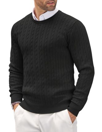Coofandy Herren Pullover Rundhals Feinstrick Slim Fit Strickpullover Leichte Zopfmuster Elegangt Pulli Schwarz XL