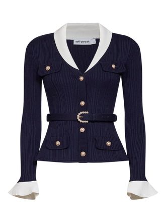 Self Portrait Belted Ribbed Knit Cardigan - Navy