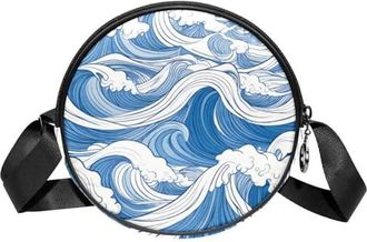 Generic Petit sac &agrave; bandouli&egrave;re Circle pour femme, motif vagues de loc&eacute;an, sac &agrave; bandouli&egrave;re avec fermeture &eacute;clair, bretelles r&eacute;glables, sac &agrave; main rond d&eacute;con
