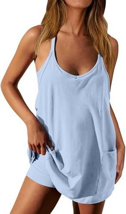 Generic Combinaison d&eacute;t&eacute; en coton pour femme - Salopette courte sans manches pour femme - Combinaison avec poches lat&eacute;rales et short - Salopette d&eacute;t&eacute; sans man