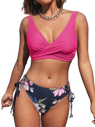 Cupshe Damen Bikini Set Crossover Lace Up Tank Bikini Bademode Wickel V Ausschnitt Low Waist Blumen Zweiteiliger Badeanzug Swimsuit Magenta XS