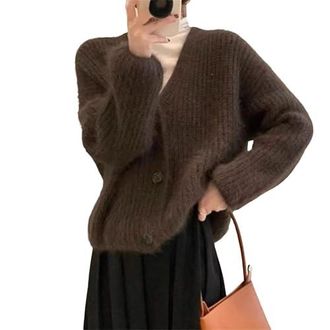 Generic Pull en tricot &agrave; col en V pour femme - Solide - Nouveaut&eacute;s de la mode cor&eacute;enne - Streetwear - Cardigans courts, Pull marron, Taille XS