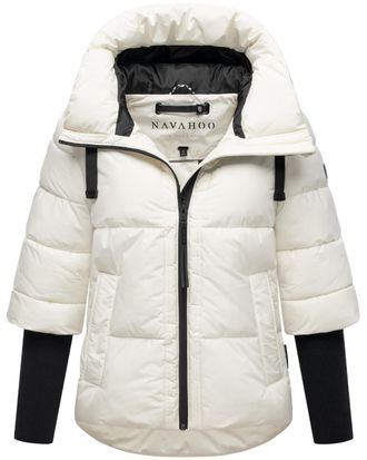 Navahoo moderne Damen Winterjacke warme Steppjacke mit Kapuze und Rippstrick&auml;rmeln Lotusherz XIV Offwhite Gr. S