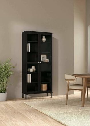 Dmora Vitrine Felicie, Glas-Sideboard, Mehrzweckvitrine, H&auml;ngendes B&uuml;cherregal mit Glast&uuml;ren, 89x36 h203 cm, Schwarz