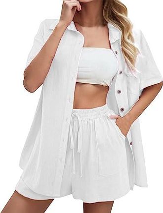 Generic Ensemble 2 pi&egrave;ces pour femme Surv&ecirc;tement de vacances &agrave; la plage assorti 2 pi&egrave;ces avec chemises surdimensionn&eacute;es et shorts d&eacute;t&eacute; 2026, blanc, XXL