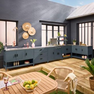 Sweeek Cuisine ext&eacute;rieure 6 modules avec barbecue en acier inoxydable bleu gris
