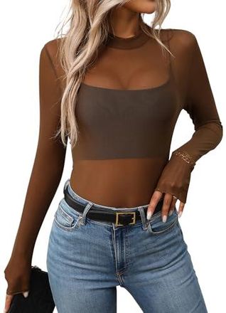 Feoya Hauts Transparents Femme T-Shirt &agrave; Manches Longues Adultes Top en Maille Sexy Haut Moulant El&eacute;gant Blouse Sheer Club Marron S