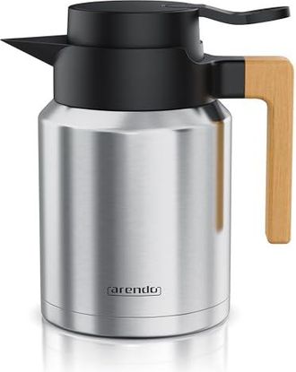Arendo Thermoskanne 1l Edelstahl - doppelwandig - 1200 ml - SUS 201/304 Edelstahl - Griff aus Buche Echtholz - Quick Tip-Verschluss - auslaufsicher - abnehmb