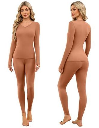 Ekouaer sous Vetement Thermique Femme Pyjama Ajust&eacute; Tee Shirt Manche Longue V&ecirc;tement de Nuit Hiver Col en V Chaud, Marron XXL
