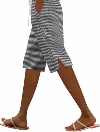 Generic Pantacourt Lin Femme Ete Rayé Pantacourts en Coton Et Lin Chic Pantalon Detente Taille Elastique Pantalons De Jogging À Cordon Couleur Unie 3/4 Pant C
