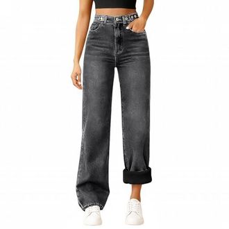 Generic Jean doubl&eacute; en polaire pour femme - Taille haute - Coupe droite - Jambe large - Extensible - Y2K - Pantalon dhiver ample d&eacute;contract&eacute; - Confortable - C