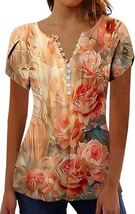 Onsoyours Chemisier Femme Chic Et Élégant Été Manches Courtes Tshirt Col V Button Blouses Fleurs Imprimé Plissées Tunique Tops Grande Taille Haut Pullover A06 R