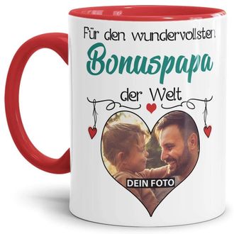 Tassendruck Tasse mit Spruch - Wundervollster Bonuspapa der Welt - personalisiert mit Wunschfoto - Geschenkidee f&uuml;r den Bonuspapa - Innen & Henkel Rot, 300 ml