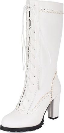 SJJH Bottes mi-longues avec fermeture &eacute;clair lat&eacute;rale | Bottes pour femme pour toutes les saisons, talon de 8,5 cm, la&ccedil;age r&eacute;glable, facile &agrave; porter, Blanc