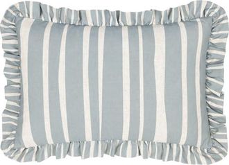 furn. Kissen mit Carmon-Streifen, Rüschen und Federfüllung - Leinen/Blau - 40 x 60 cm