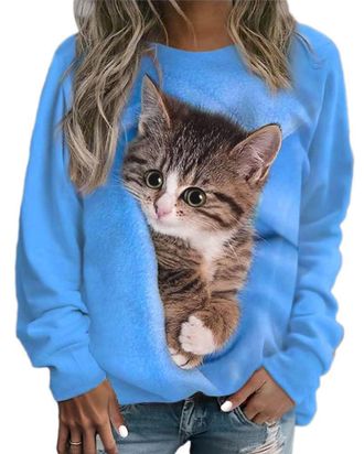 Onsoyours Pullover Damen Sweatshirt Herbst Winter Frauen Drucken Langarm Kapuzenpullover mit Katze Motiv Hemd Locker Casual Oberteil Bedruckte Tops Sweatshirts 