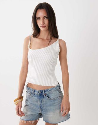 SNDYS Top en maille de coton m&eacute;lang&eacute; avec d&eacute;tails perles et dos nu avec liens &agrave; nouer - Blanc
