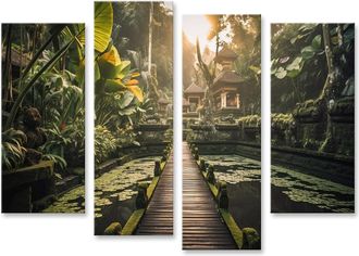 Islandburner Bild auf Leinwand Morgenlicht im Dschungeltempel mit Seerosen und Holzsteg in Bali Bilder Wandbilder Poster