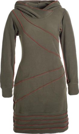 vishes Alternative Bekleidung - Lang&auml;rmliges Patchwork Hoodie Eco Fleecekleid Pullover-Kleid Daumenl&ouml;cher Olive 36-38