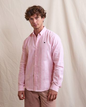 Faguo Chemise en lin ray&eacute;e rose et blanc