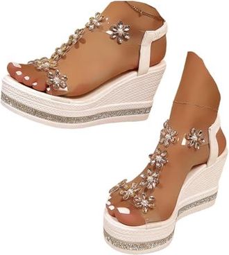 Generic Sandales d&eacute;t&eacute; confortables pour femme avec sangle &eacute;lastique et strass - Bout ouvert - Sandales plates d&eacute;contract&eacute;es &agrave; bout ouvert - Sandales compens&eacute;e