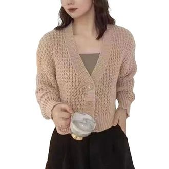 Generic Cardigan en tricot &eacute;pais pour femme avec col en V et bouton sur le devant, veste pull en laine douce et chaude, tenue basique dhiver, kaki, Taille Uni