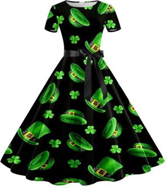 Generic Robe de déguisement pour femme élégante et vintage pour la Saint-Patrick - Coupe ajustée - Imprimé trèfle - Sans manches - Légère - Tunique trapèze - 