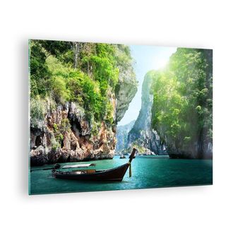 Arttor Bilder auf Glas Boot Klippen Natur Felsen Glasbild 70x50cm Wandbilder Dekoration Wohnzimmer Schlafzimmer K&uuml;che Deko Klein Wanddeko Bild im Glas Wand K