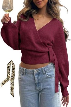 Generic Pull en tricot &agrave; col en V crois&eacute; pour femme avec noeud irr&eacute;gulier, manches longues nou&eacute;es sur le c&ocirc;t&eacute;, haut court tendance en tricot, Rouge, XL